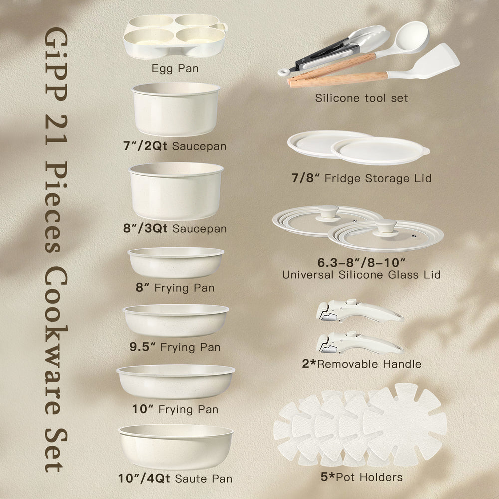 GIPP 21 Piece Ceramic Pots and Pans Set Non Stick, Cookware Set with D