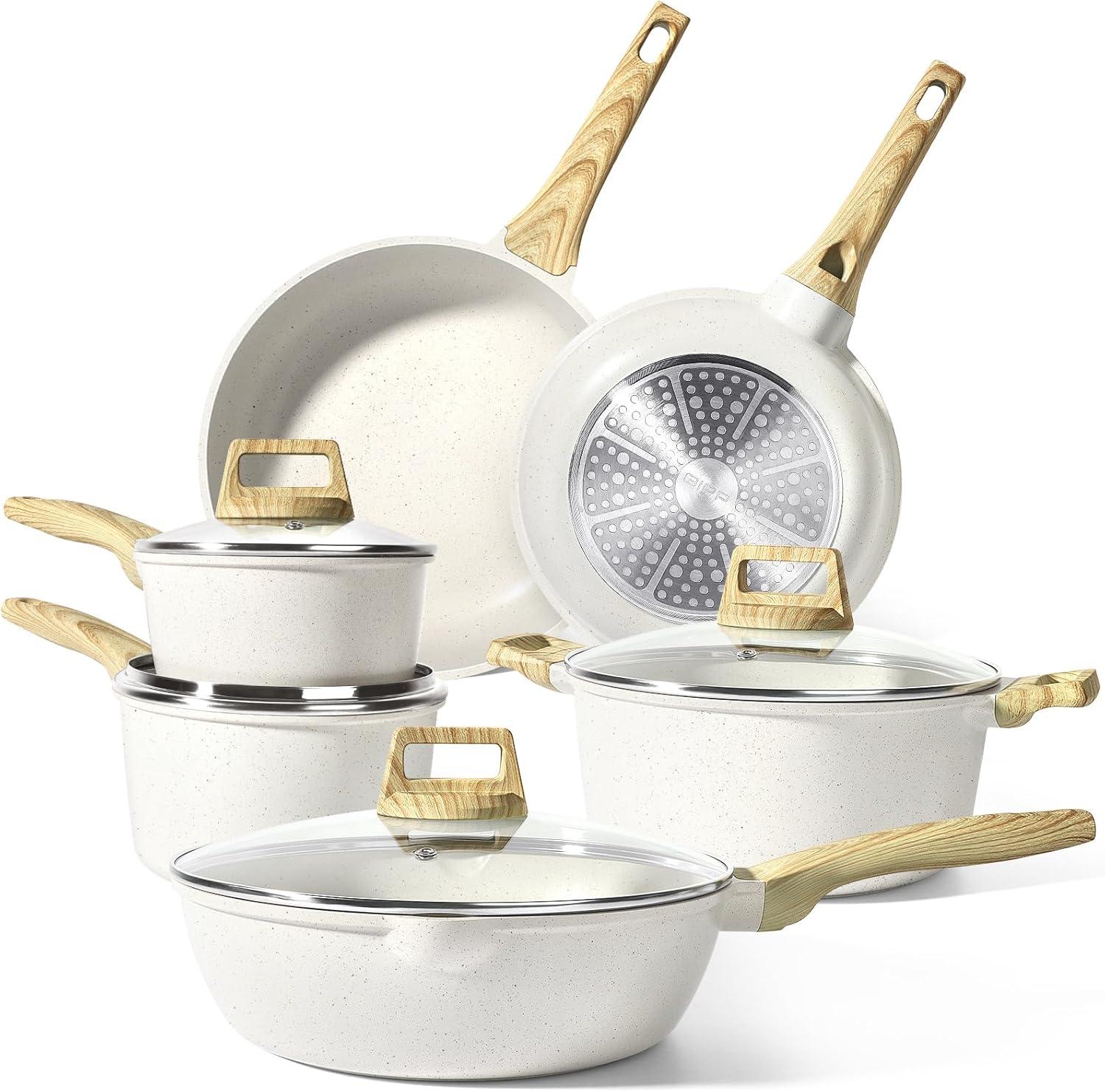 GiPP Pots and Pans Set Non Stick - 10 Pcs White Granite Kitchen Cookwa