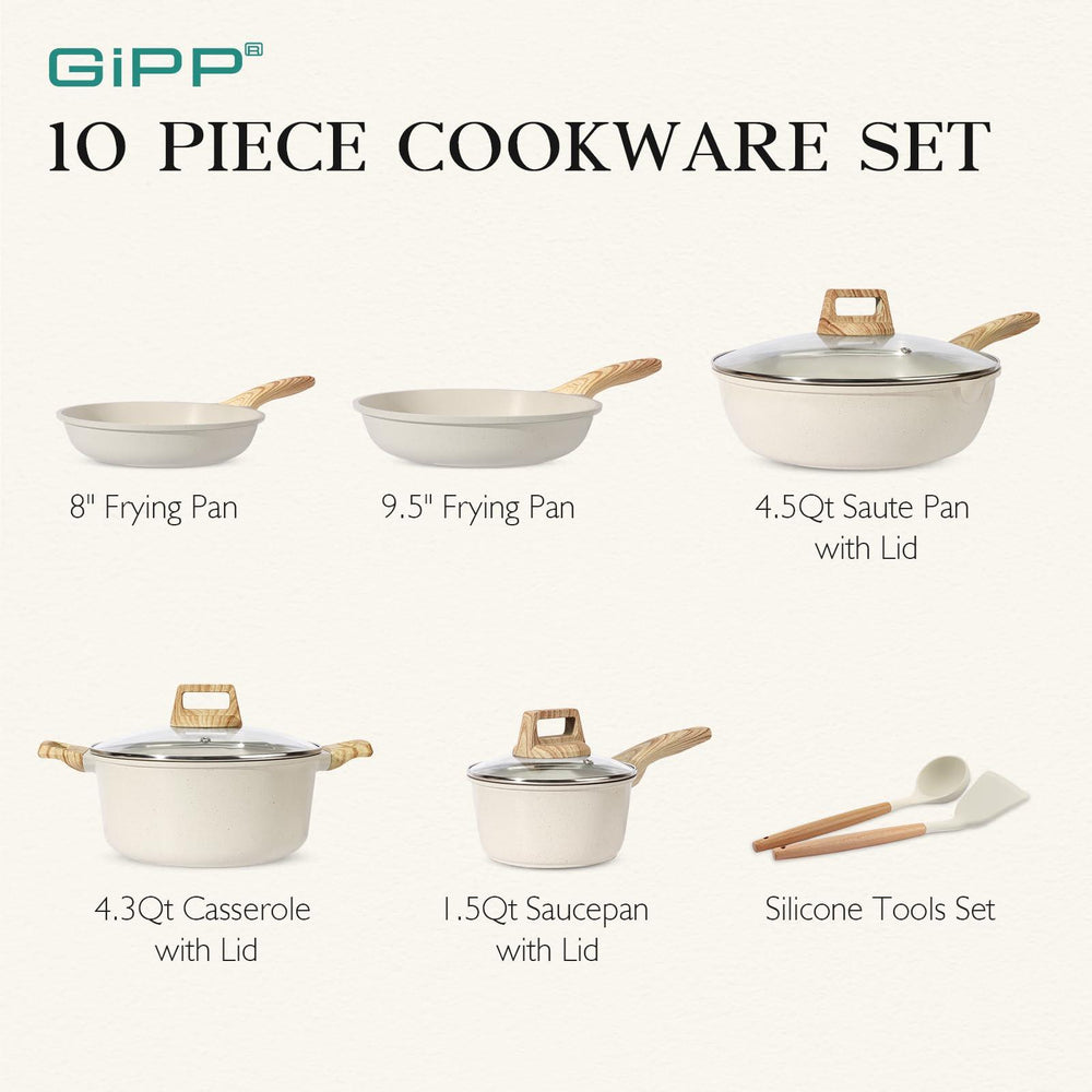 GiPP 10Pcs Nonstick White Granite Pots and Pans Set, PFOS-Free